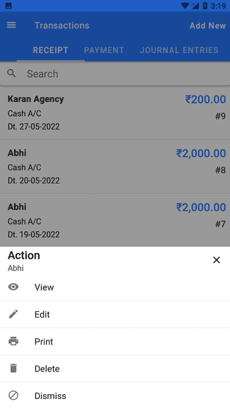 In Action you can View Receipt, Edit Receipt and Delete Receipt.